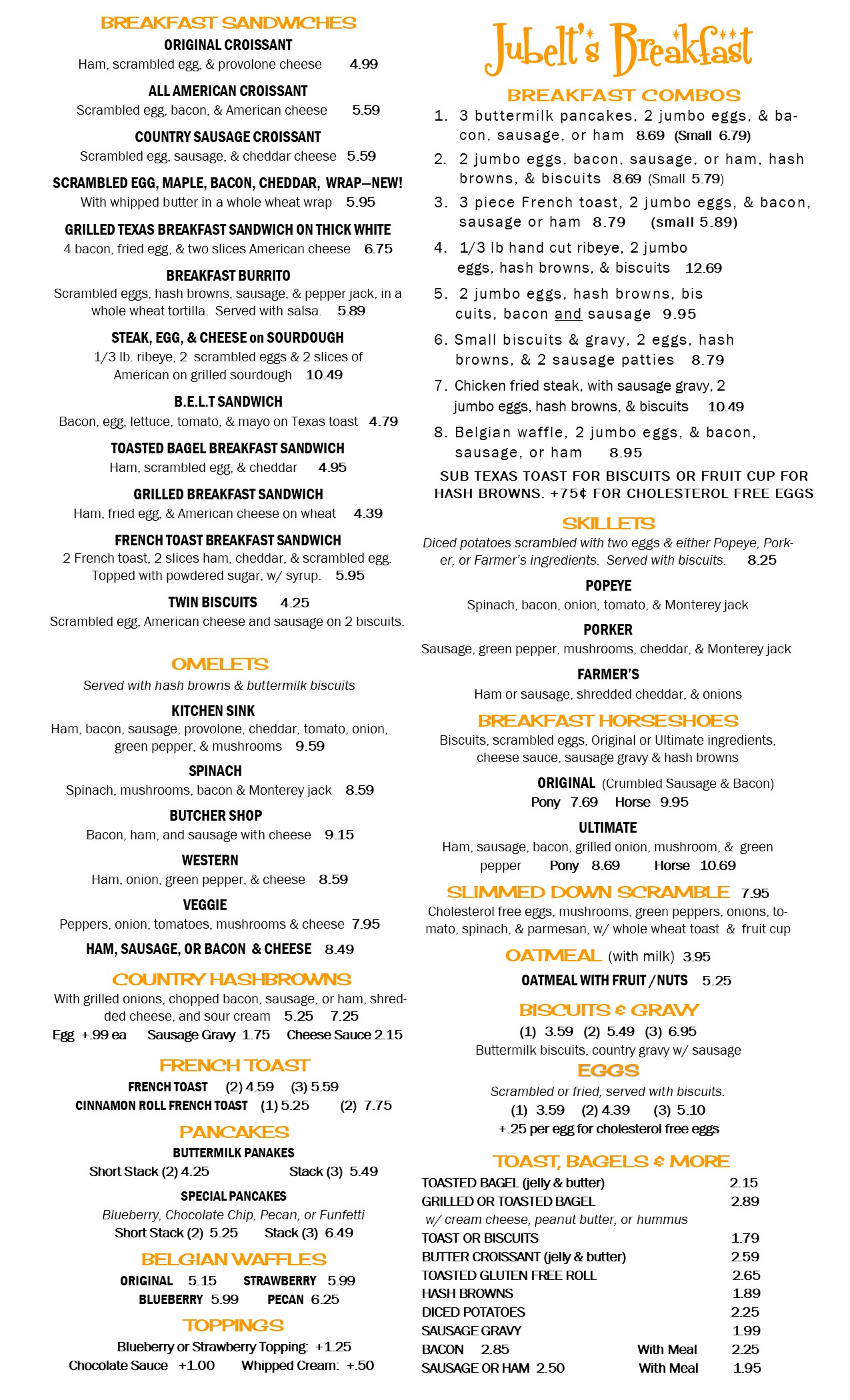 Jubelt's Menu